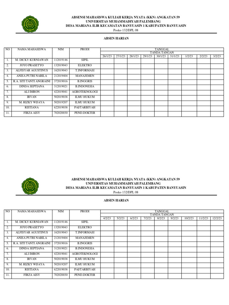 Absensi KKN Mahasiswa UMP Angkatan 59 | PDF