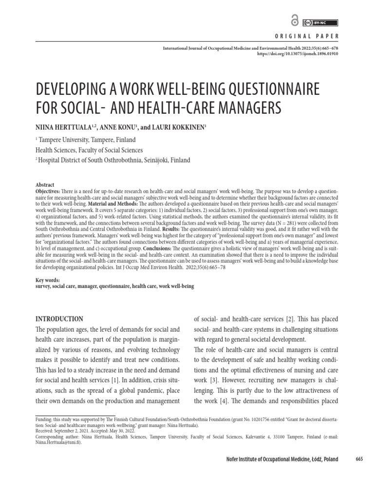 Developing A Work Well-Being Questionnaire For Social - and Health-Care ...