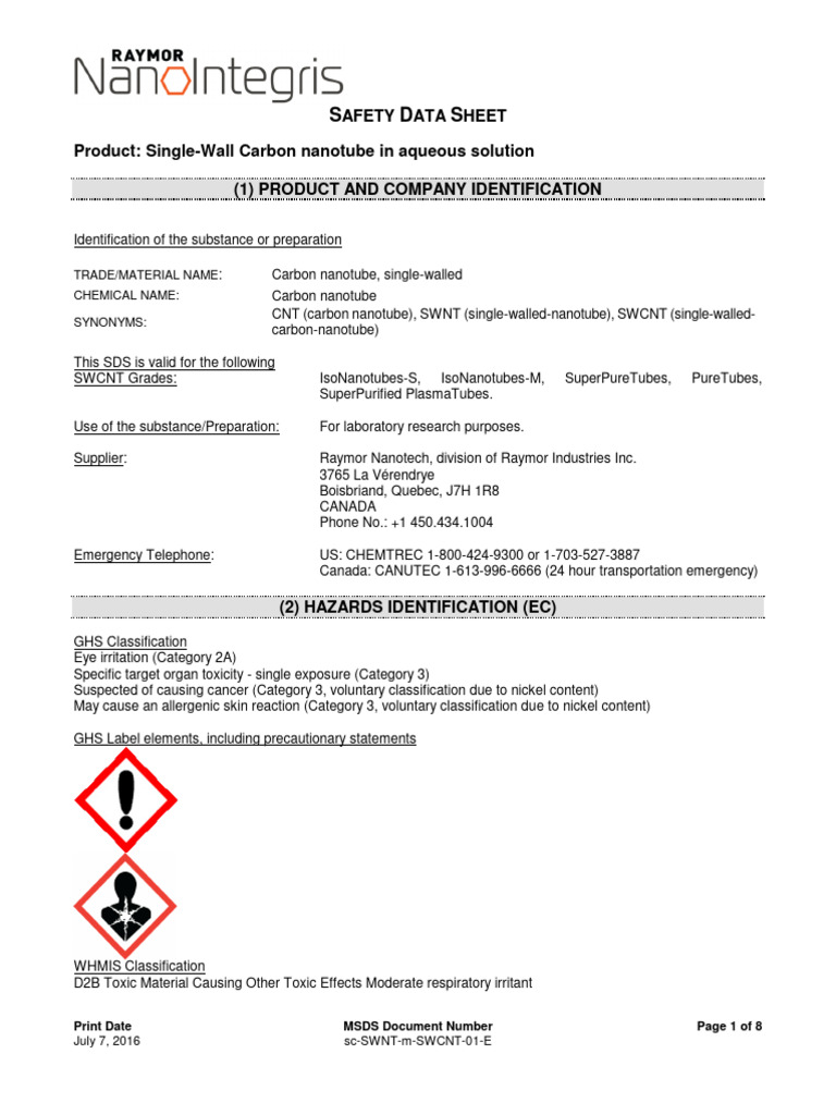 MSDS NanoIntegris-IsoSolution GHS | PDF | Carbon Nanotube | Occupational Safety And Health
