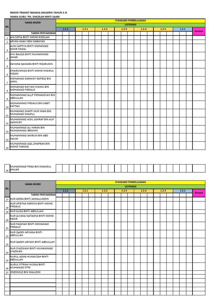 Rekod Transit English Tahun 3is | PDF