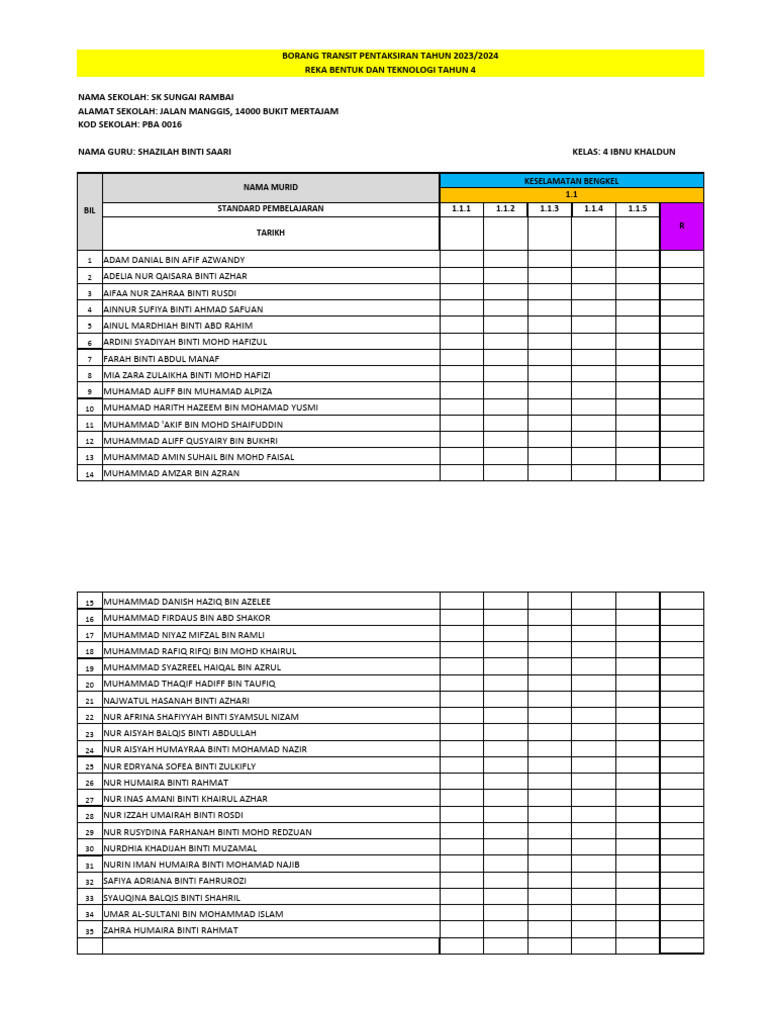 Rekod Transit Rbt Tahun 4 Ik 2023 2024 Pdf