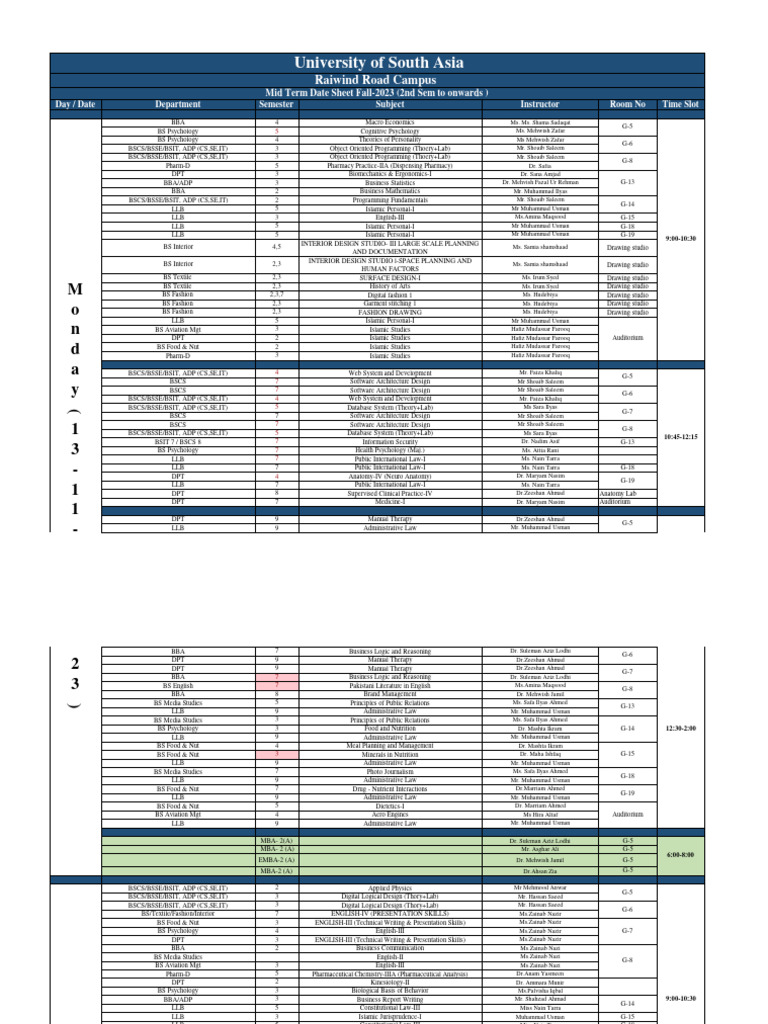 Clash Free Date Sheet Mid Term Fall 2023 | PDF