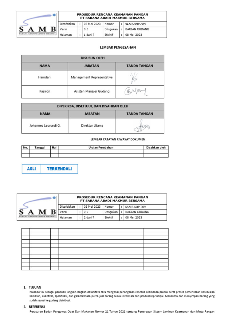 009 Sop Rencana Keamanan Pangan | PDF