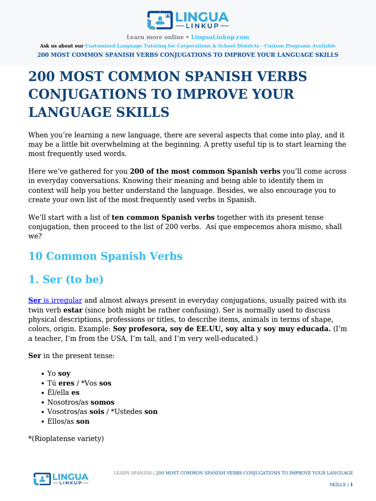 200 Most Common Spanish Verbs Conjugations To Improve Your Language ...