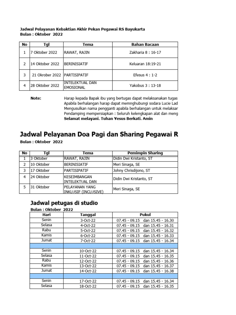 (FIX) Jadwal Sharing Pagi, Ibadah Tutup Pekan, Dan Studio Bulan Oktober 2022 | PDF