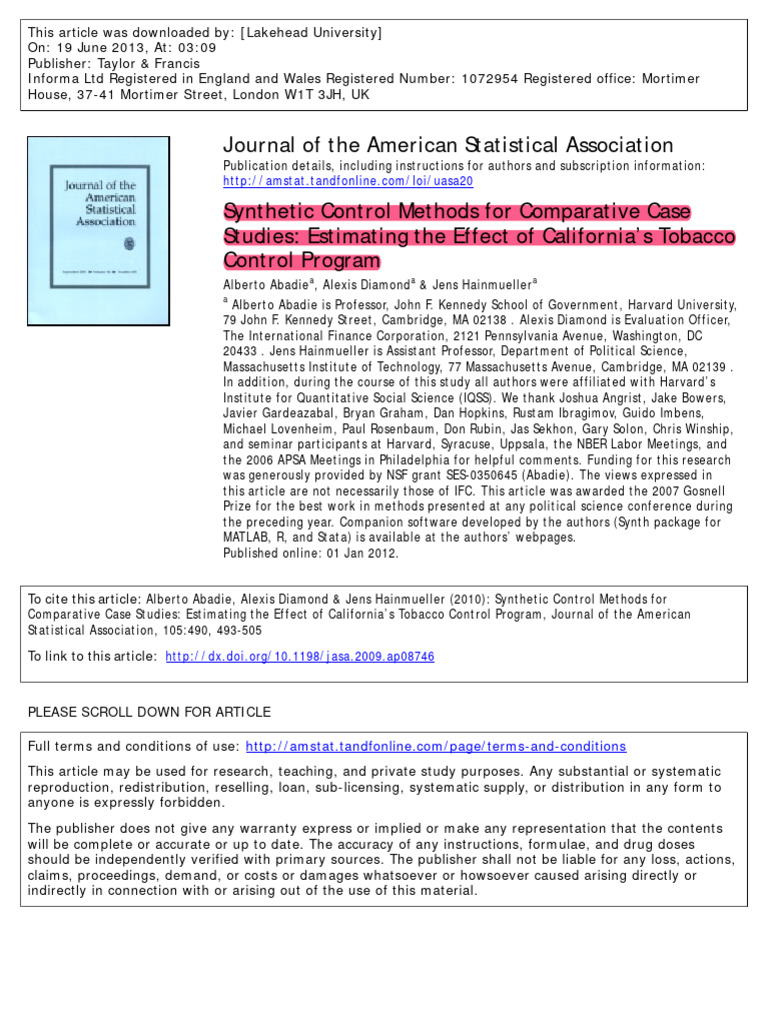 Abadie Et Al. (2009), Synthetic Control Methods For Comparative Case ... Abadie Et Al. (2009), Synthetic Control Methods For Comparative Case ...
