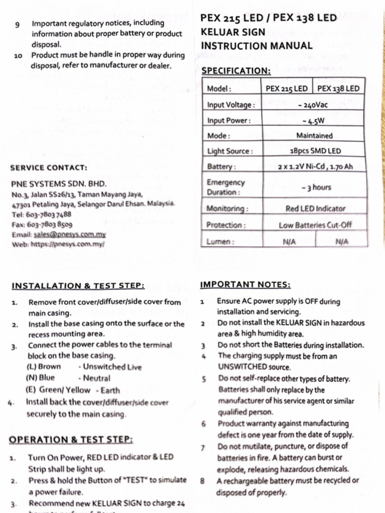 PEX215 Keluar Sign Datasheet and User Manual | PDF