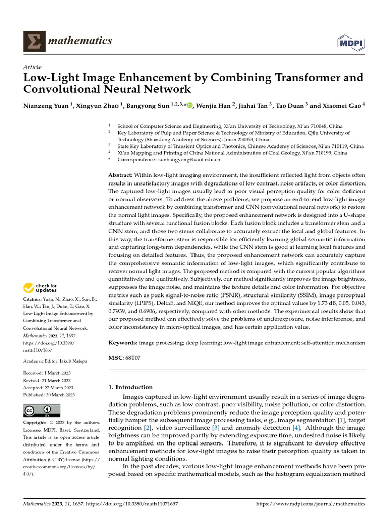 LowLight Image Enhancement by Combining Transformer and Convolutional Neural NetworkMathematics ...