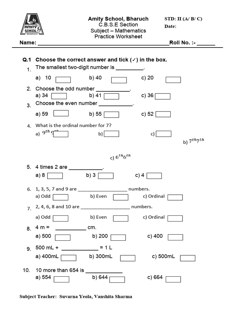 Class 2 Practice Worksheet For Half Yearly Exam | PDF | Mathematics ...