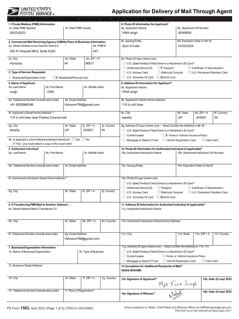 Vina Singh USPS1583 Form Anytime Mail Box | PDF | United States Postal ...