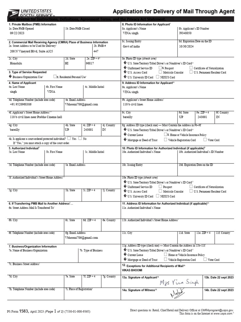Vina Singh USPS1583 Form Anytime Mail Box | PDF | United States Postal ...