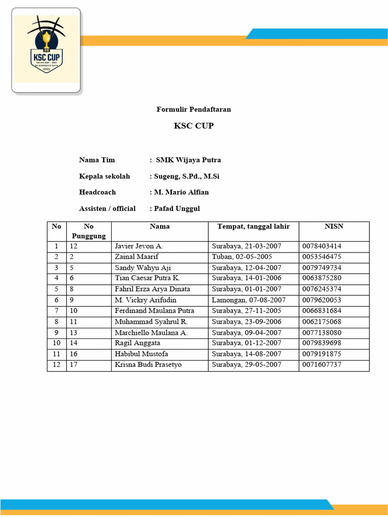 Formulir Pendaftaran KSC Cup | PDF