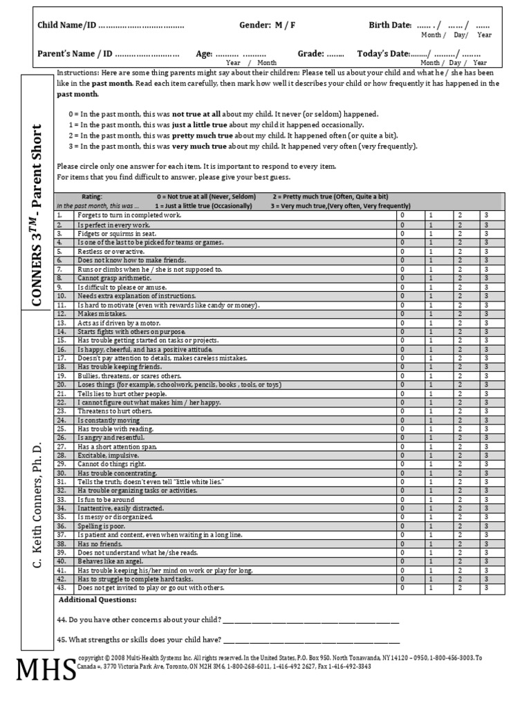 Conners 3 Parent Rating Scale Guide | PDF | Cognition | Psychological ...