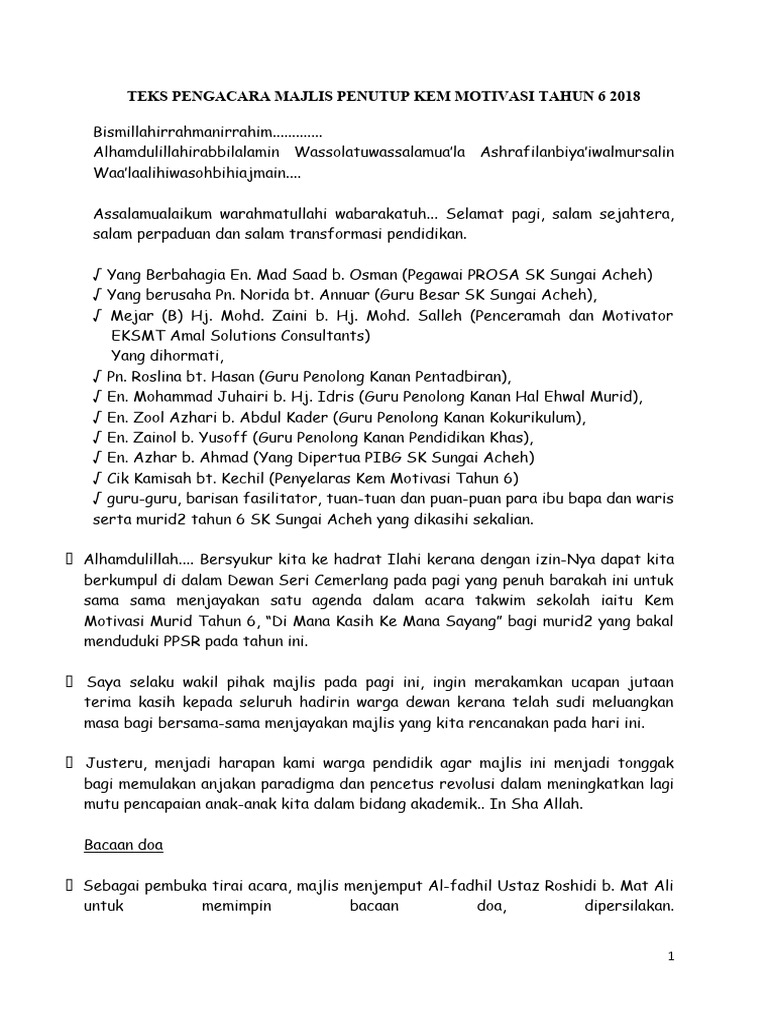 Teks Emcee Majlis Penutup Kem Motivasi thn6 | PDF