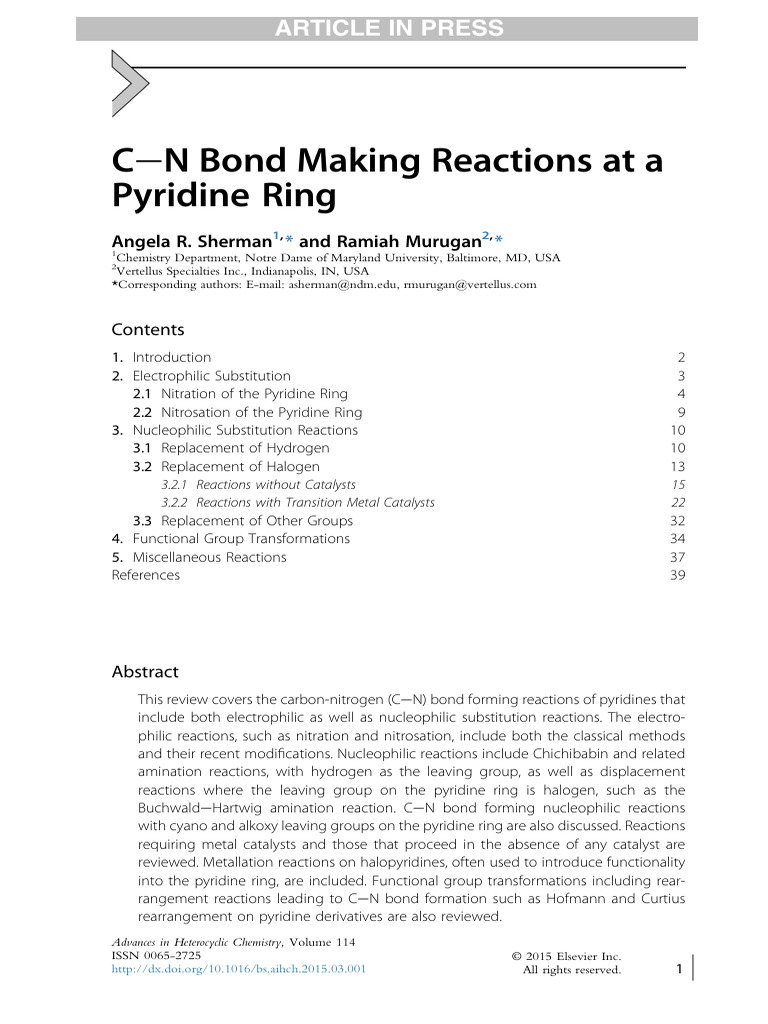 C-N Bond Making Reactions at A Pyridine Ring | PDF | Pyridine ...