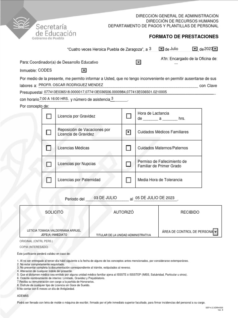 Formato de Prestaciones Ver. 8 | PDF | Educación primaria | México