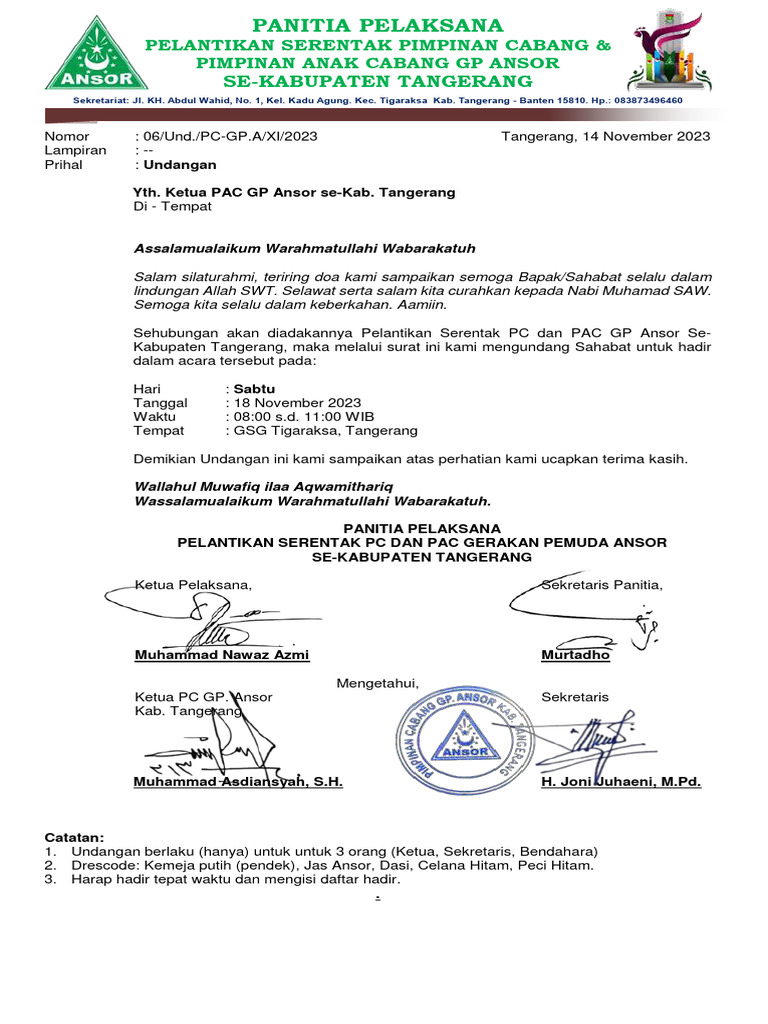Undangan Pelantikan Ansor 2023 - Pac | PDF Undangan Pelantikan Ansor 2023 - Pac | PDF