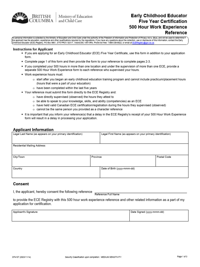 ECE 500 Hour Work Experience Reference Form | PDF | Early Childhood ...
