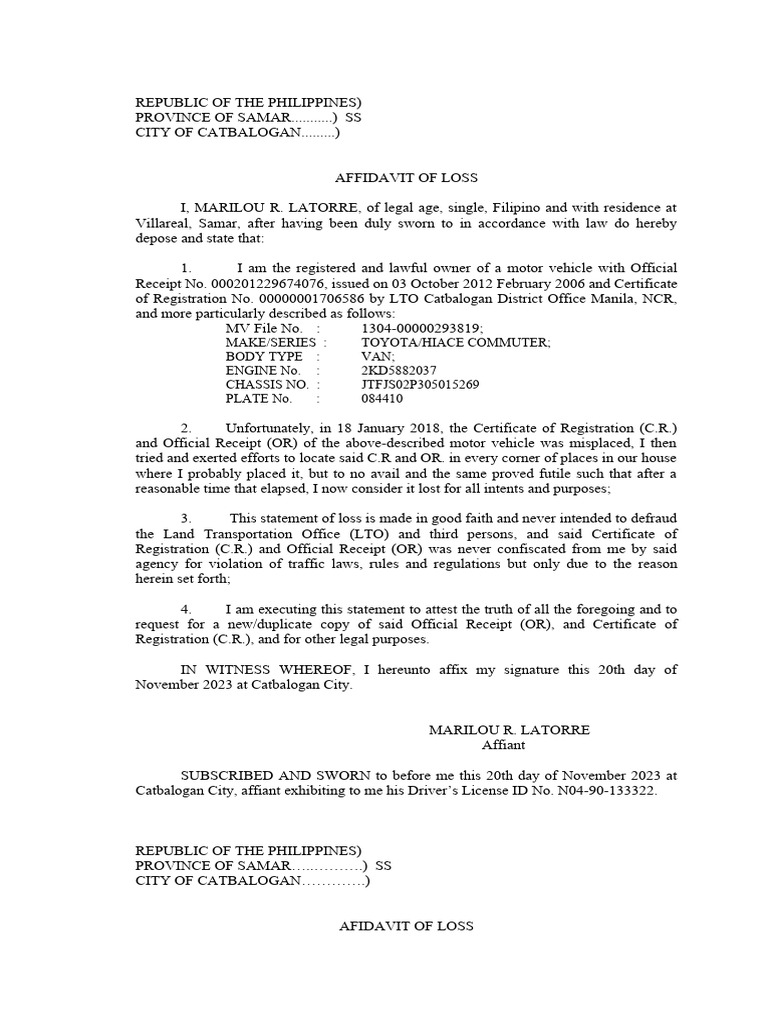 Affidavit of Loss Orcr | PDF | Affidavit | Common Law