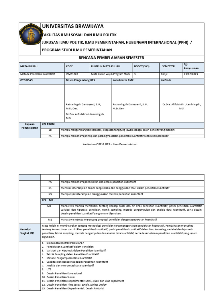 RPS Metode Penelitian Kuantitatif | PDF