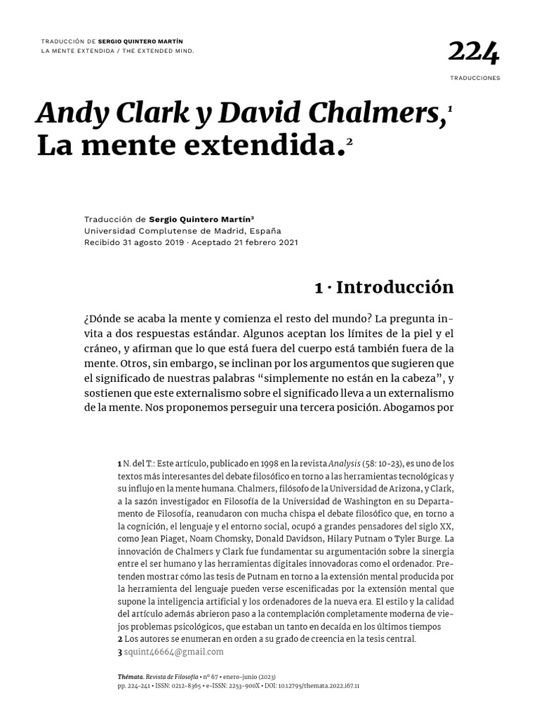 Andy Clark y David Chalmers La Mente Ext | PDF | Mente | Memoria
