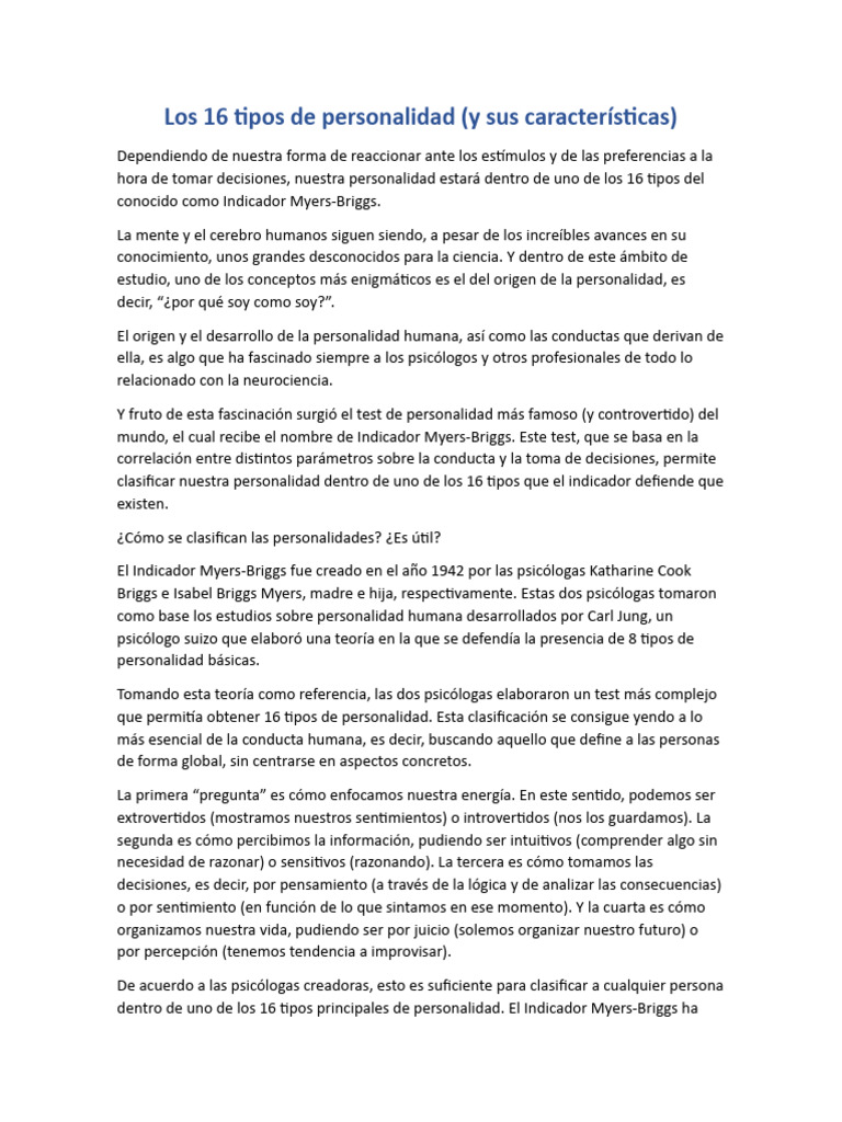 16 Tipos de Personalidad MBTI | PDF | Pensamiento | Intuición