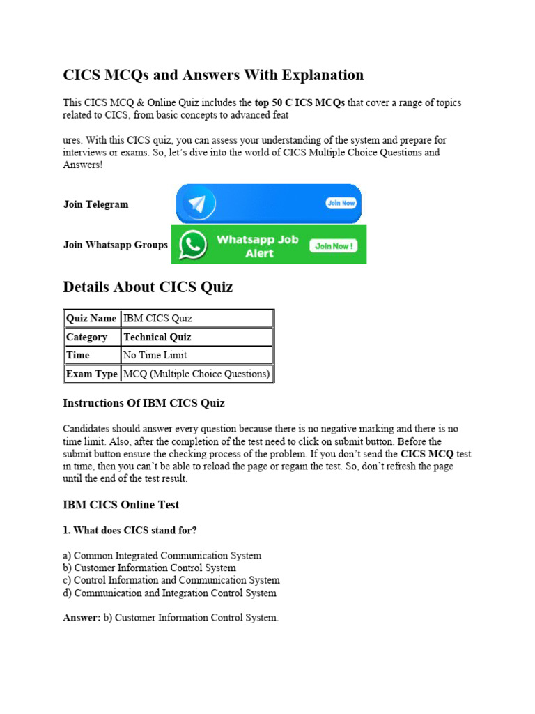 CICS MCQs and Answers With Explanation | PDF | Multiple Choice | Computing