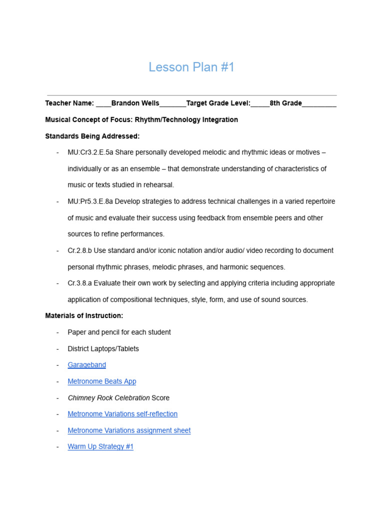 Lesson Plan 1 Rhythm Technology Integration | PDF | Rhythm | Lesson Plan