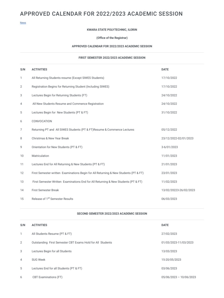 Approved Calendar For 2022 - 2023 Academic Session | PDF | Academic Term | Educational Organizations