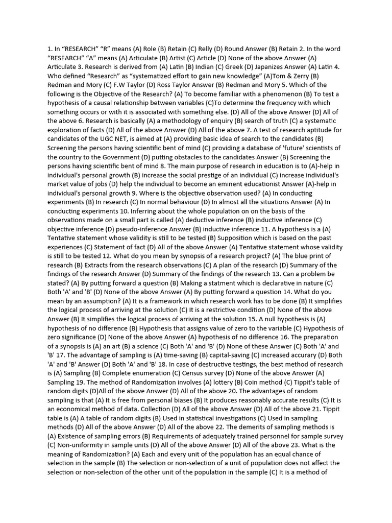 Research Topics MCQ | PDF | Hypothesis | Sampling (Statistics)