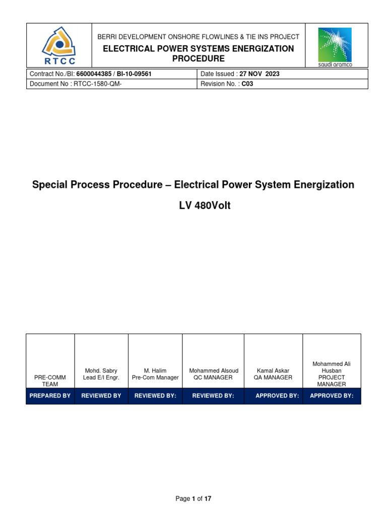 Electrical Power System Energization Procedure For Low Voltage ...