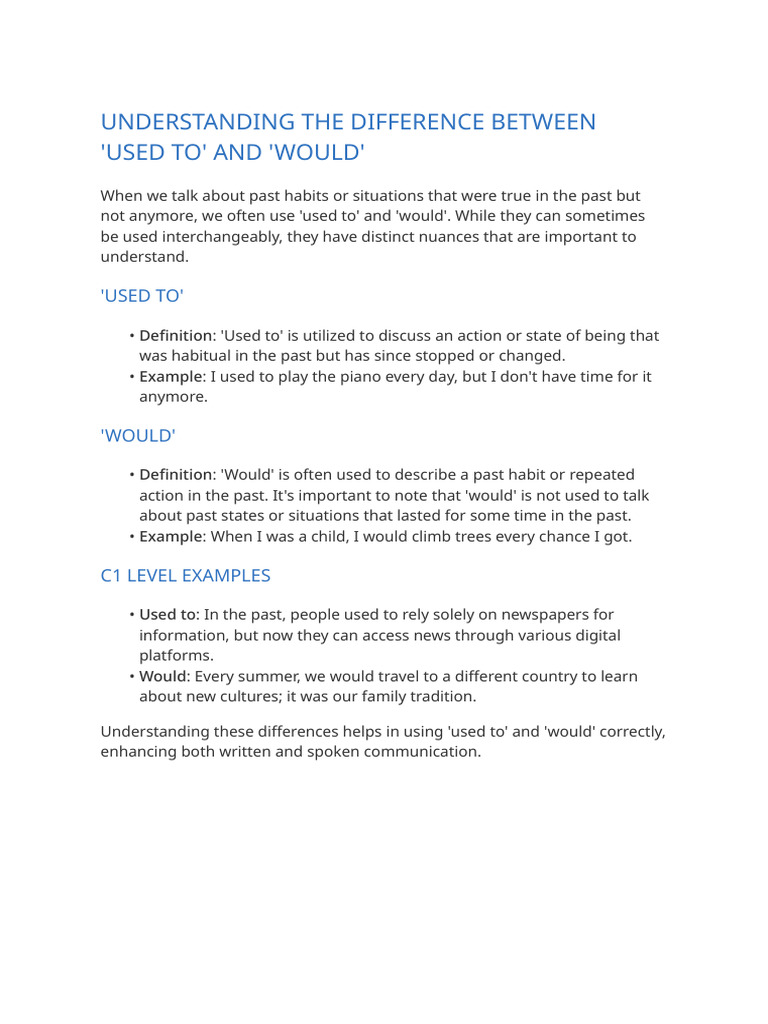 Understanding The Difference Between 'Used To' and 'Would' | PDF
