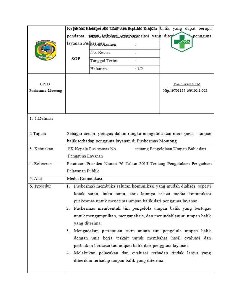 1.1.2.d SOP PENGELOLAAN UMPAN BALIK DARI PENGGUNA LAYANAN | PDF