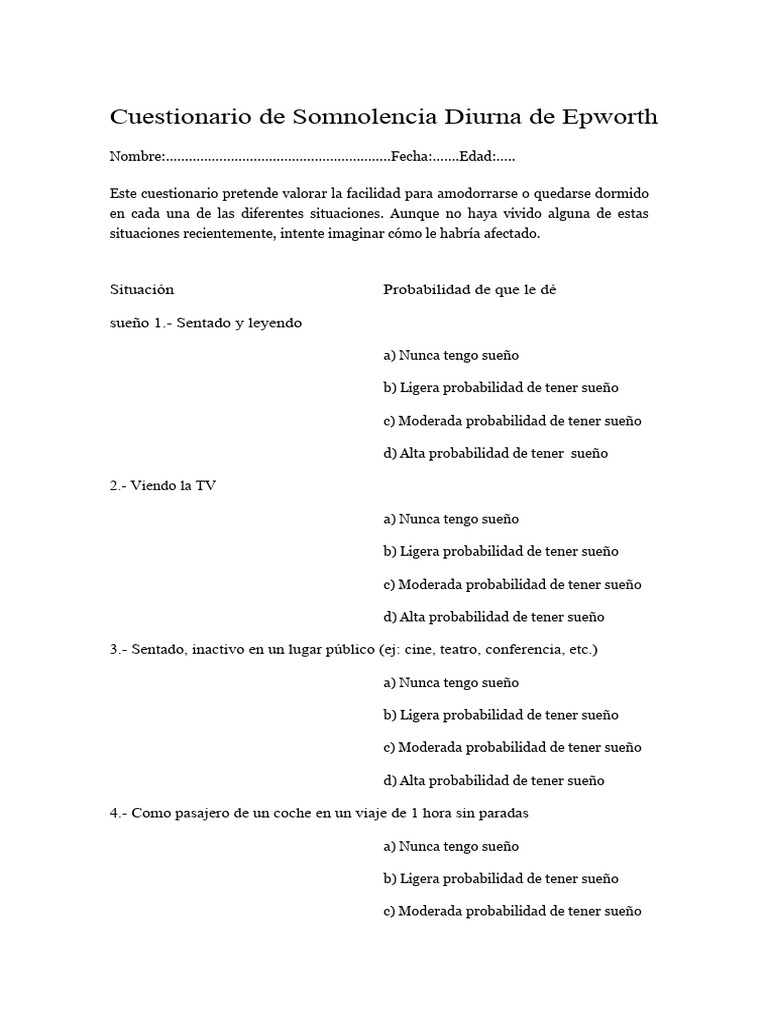 Test de Epworth - Sonnolencia | PDF | Dormir | Fisiologia Animal