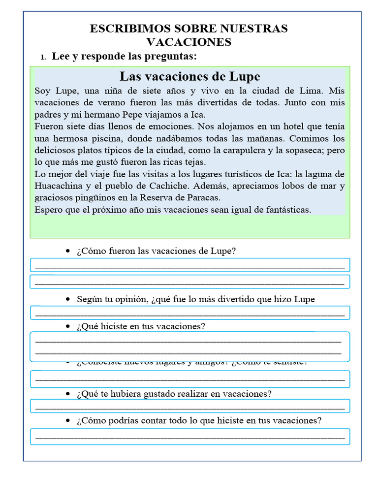 Miercoles B - Ficha - Escribimos Sobre Nuestras Vacaciones | PDF