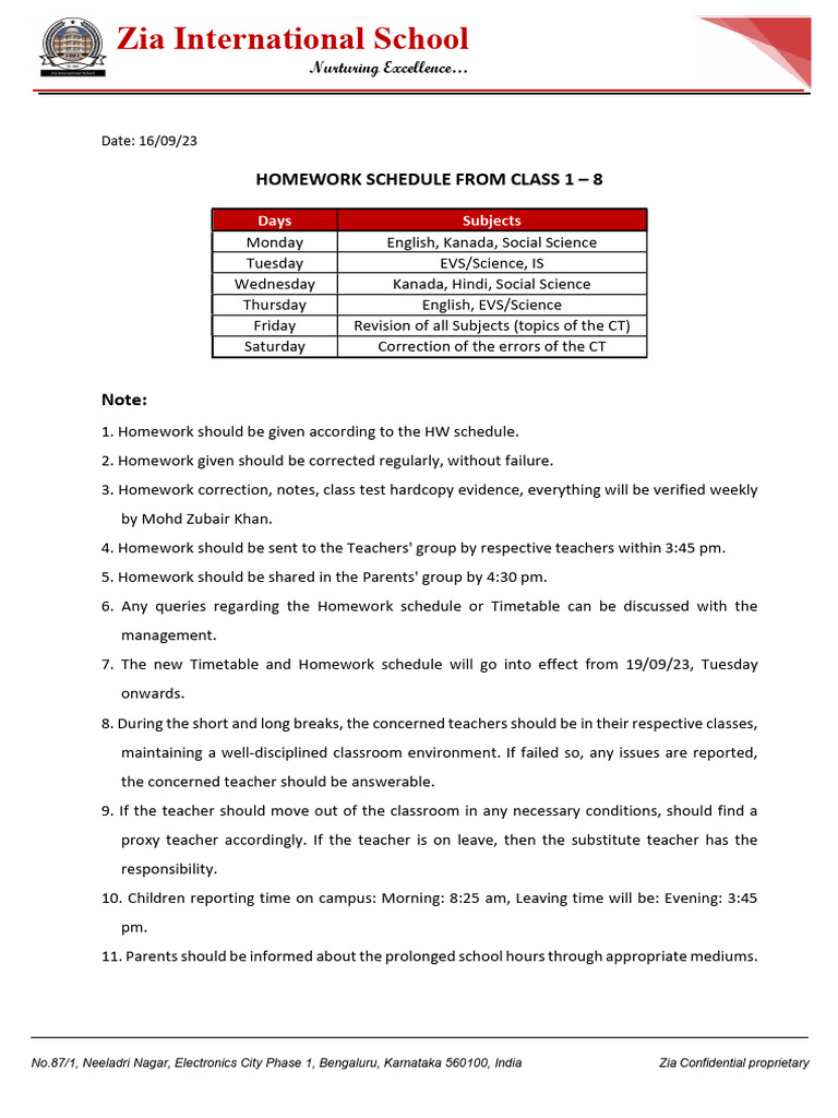 Homework Schedule From Class 1 - 8: Days Subjects | PDF