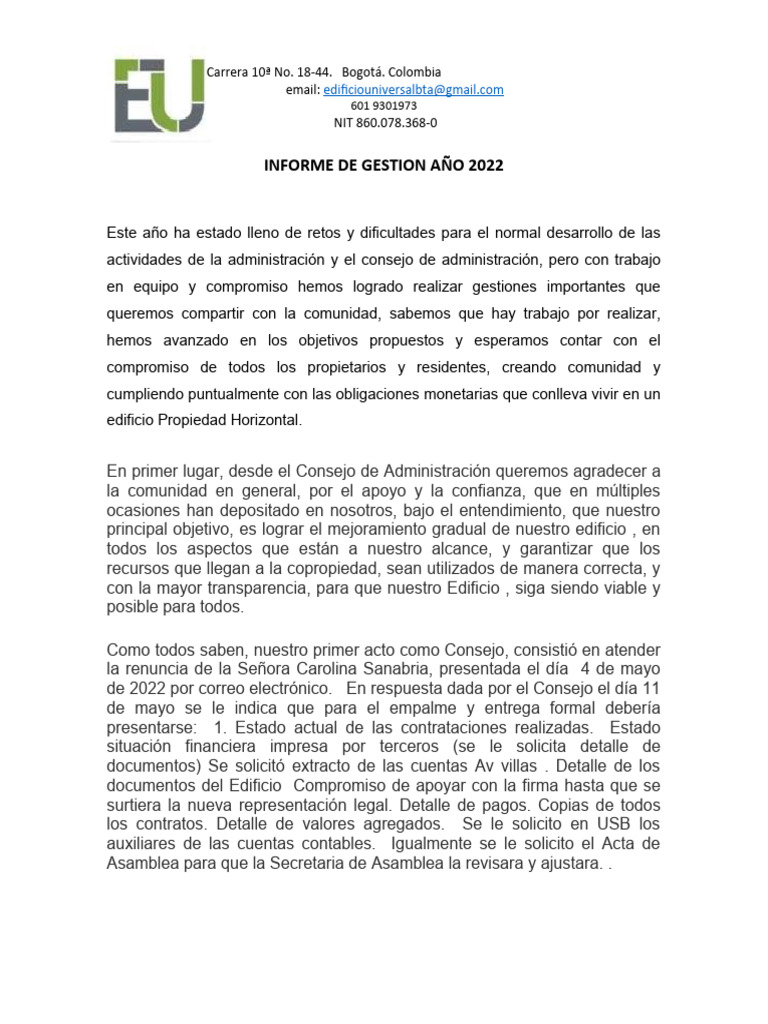 INFORME EDIFICIO UNIVERSAL BOGOTA DE ASAMBLEA 2023 ROSAdocx | PDF | Contabilidad | Póliza de seguros
