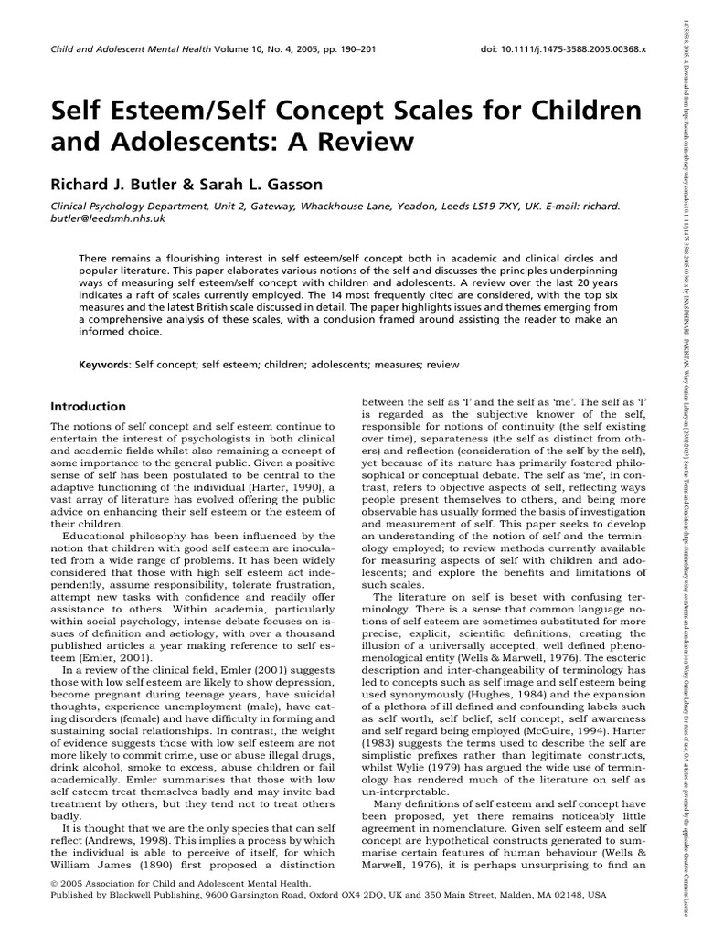 Child Adoles Ment Health - 2005 - Butler - Self Esteem Self Concept Scales For Children and ...