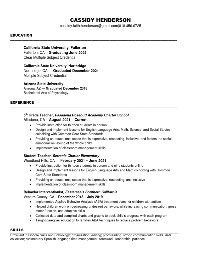 Cassidy Henderson Resume | PDF | Classroom Management | Psychological Concepts
