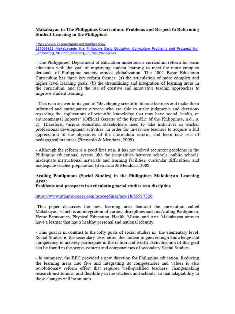 Makabayan in The Philippines Curriculum | PDF | Curriculum | Teachers