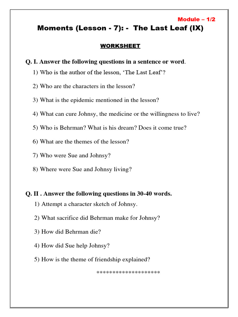 Last Leaf Class 9 Worksheet and Q&A | PDF | Language Arts & Discipline