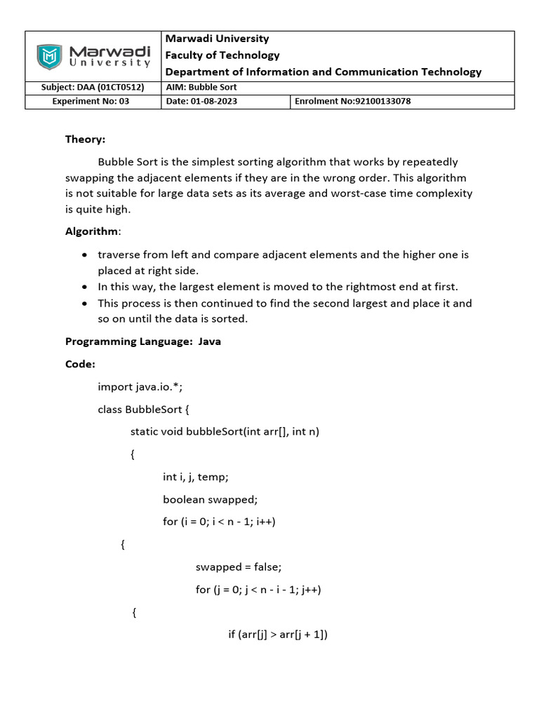 Lab03 DAA BubbleSort | PDF | Computer Science | Algorithms