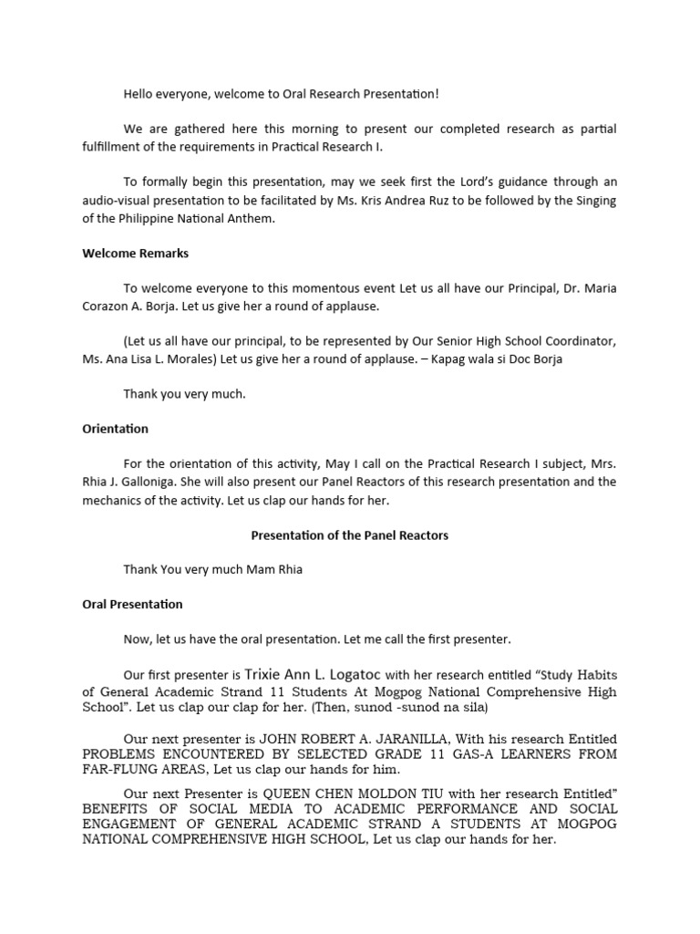 Practical Research. EMCEE Script | PDF | Human Communication