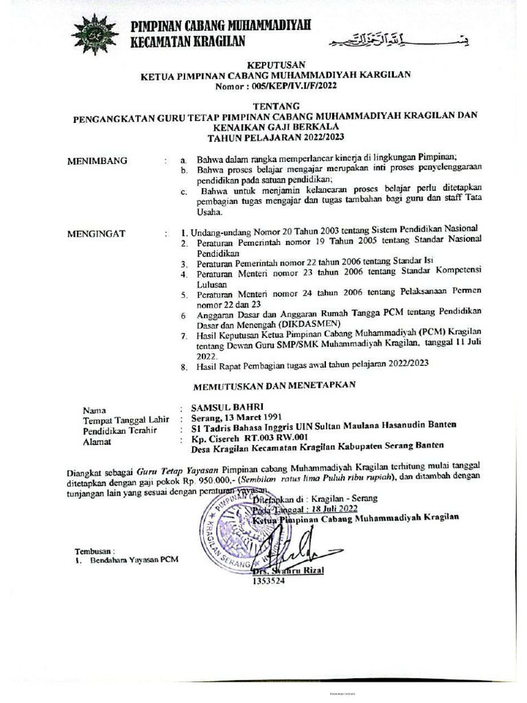 SK Pengangkatan Dan Penugasan Samsul Bahri | PDF