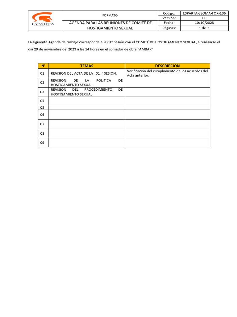 Formato 106 - Agenda para Las Reuniones de Comite de Hostigamiento ...