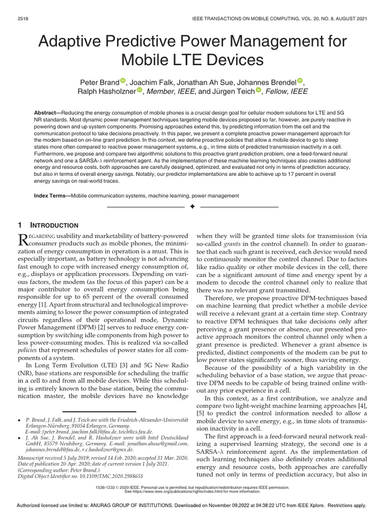 Adaptive Predictive Power Management For Mobile LTE Devices | PDF | Computer Network | Machine ...
