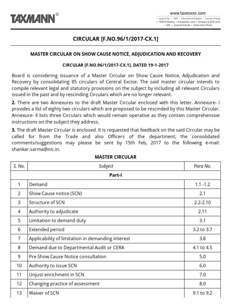 Circular F No 96 1 2017 CX 1 Master Circular On Show Cause Notice Adjudication and Recov | PDF ...