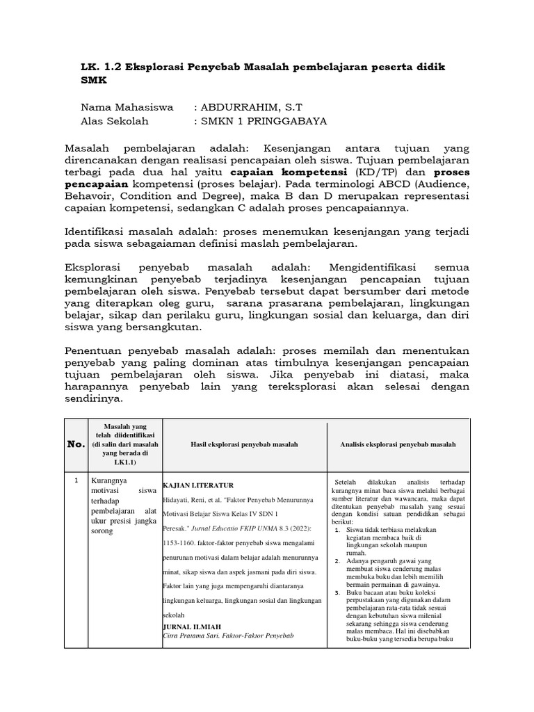 LK. 1.2 Eksplorasi Penyebab Masalah Pembelajaran Peserta Didik SMK 23 ...