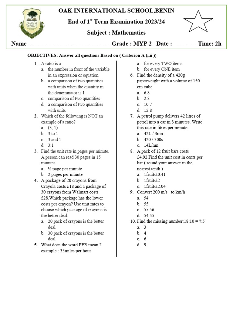 MYP 2 Math Exam: Ratios and Rates | PDF | Speed | Ratio
