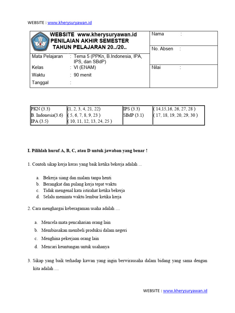 SOAL & Jawaban PAS KELAS 6 TEMA 5 - WEBSITE WWW - Kherysuryawan.id | PDF | Perjalanan | Seni